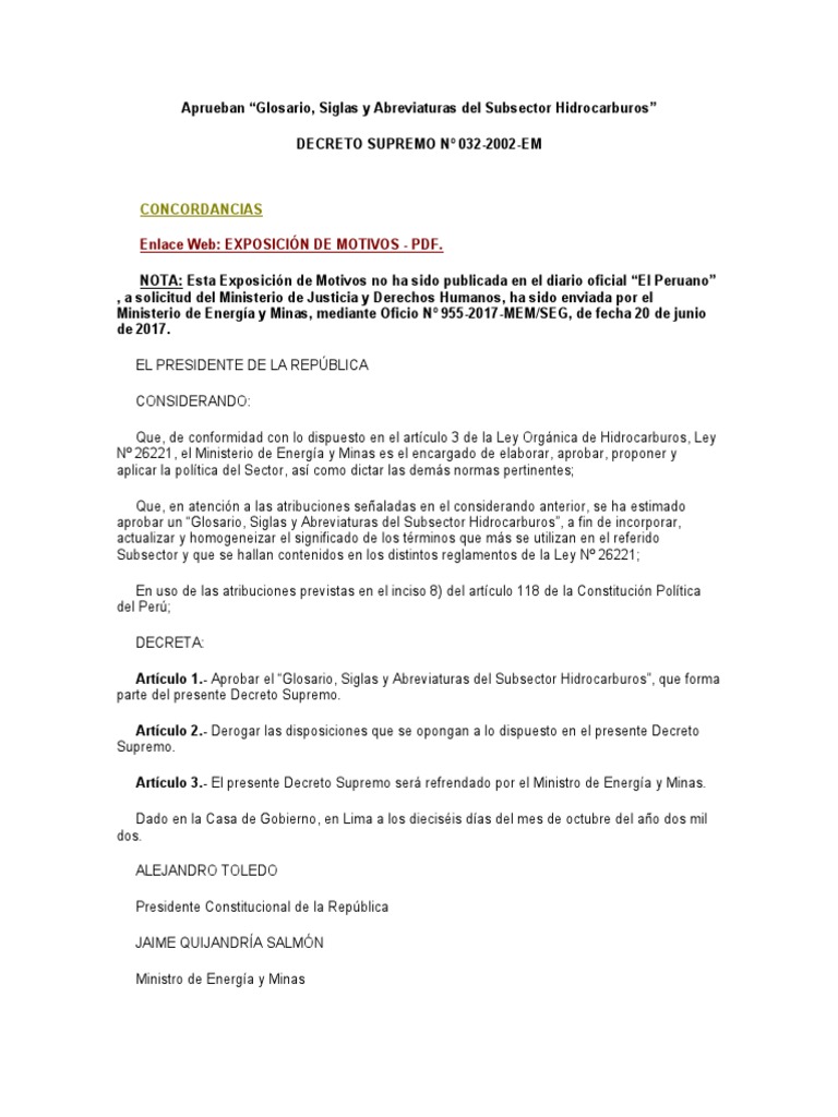 Glosario, Siglas y Abreviaturas Del Subsector Hidrocarburos. DS 032-2002-EM | PDF | Petróleo ...