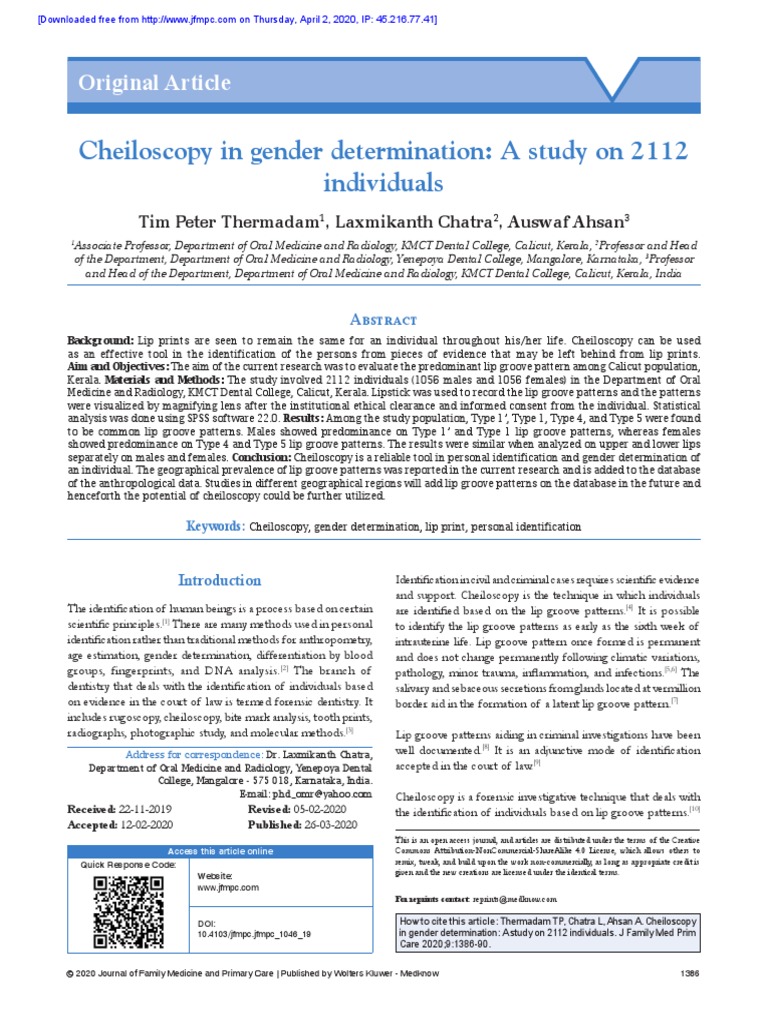 Cheiloscopy in Gender Determination: A Study On 2112 Individuals | PDF ...