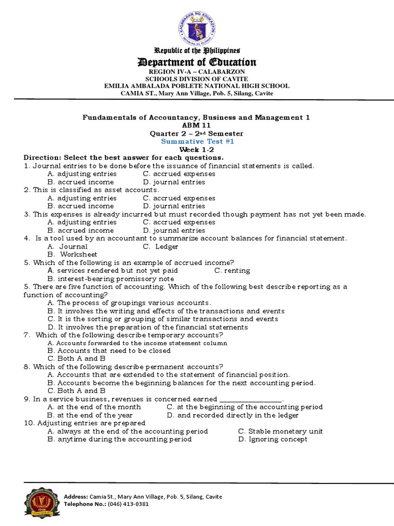 FABM1 - Summative Test #1 - 2nd Quarter | PDF | Deferral | Expense