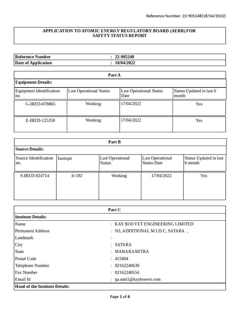 AERB Safety Status Report Submission | PDF | Ionizing Radiation ...