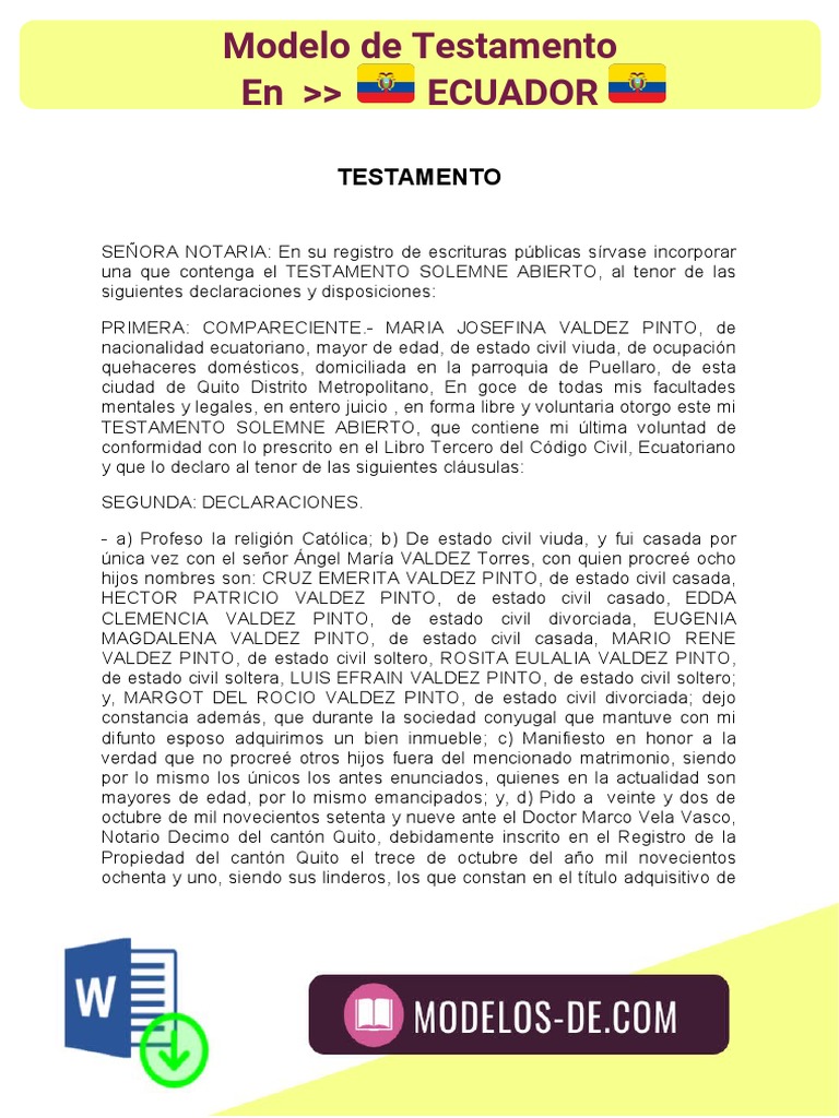 Modelo de Testamento en Ecuador | PDF | Voluntad y testamento | Ecuador