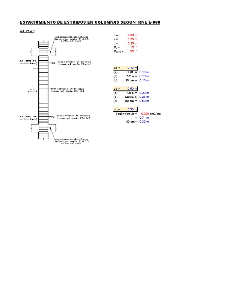 Cálculo del espaciado de estribos en columnas según la norma RNE E-060 | PDF