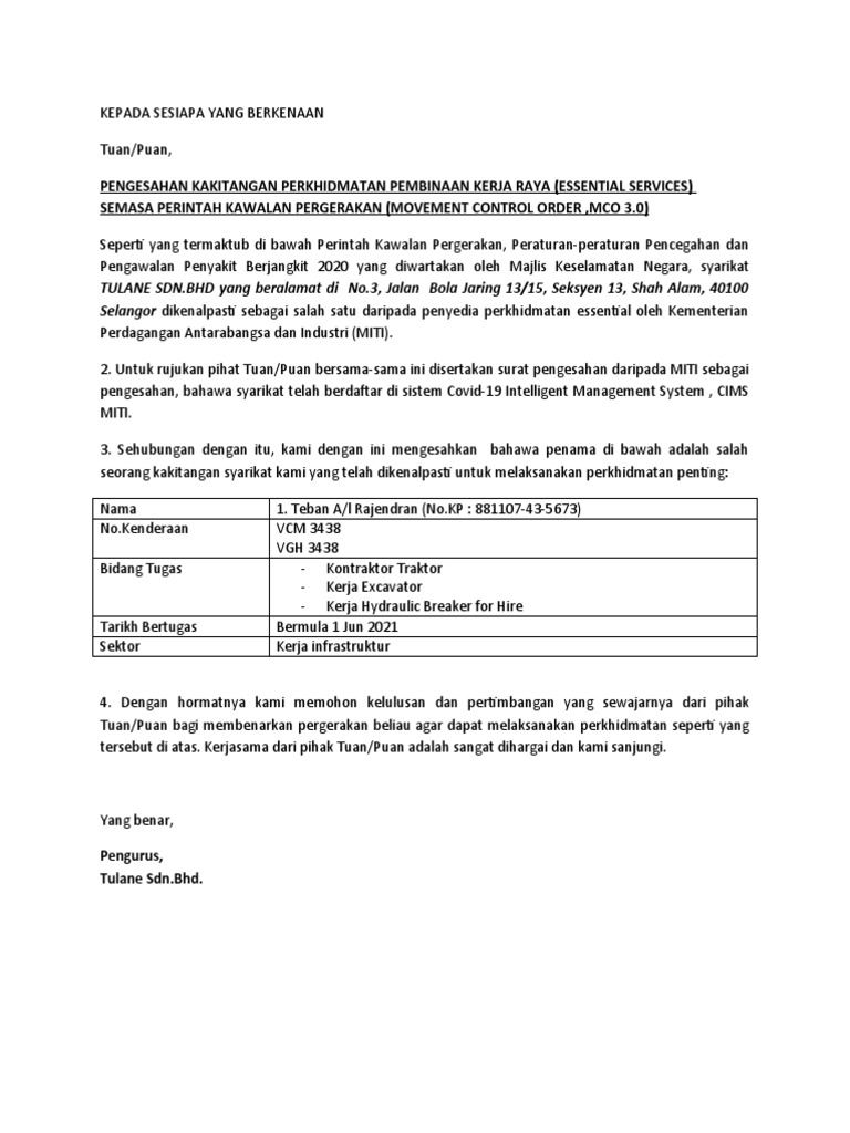 Surat Sokongan Miti | PDF