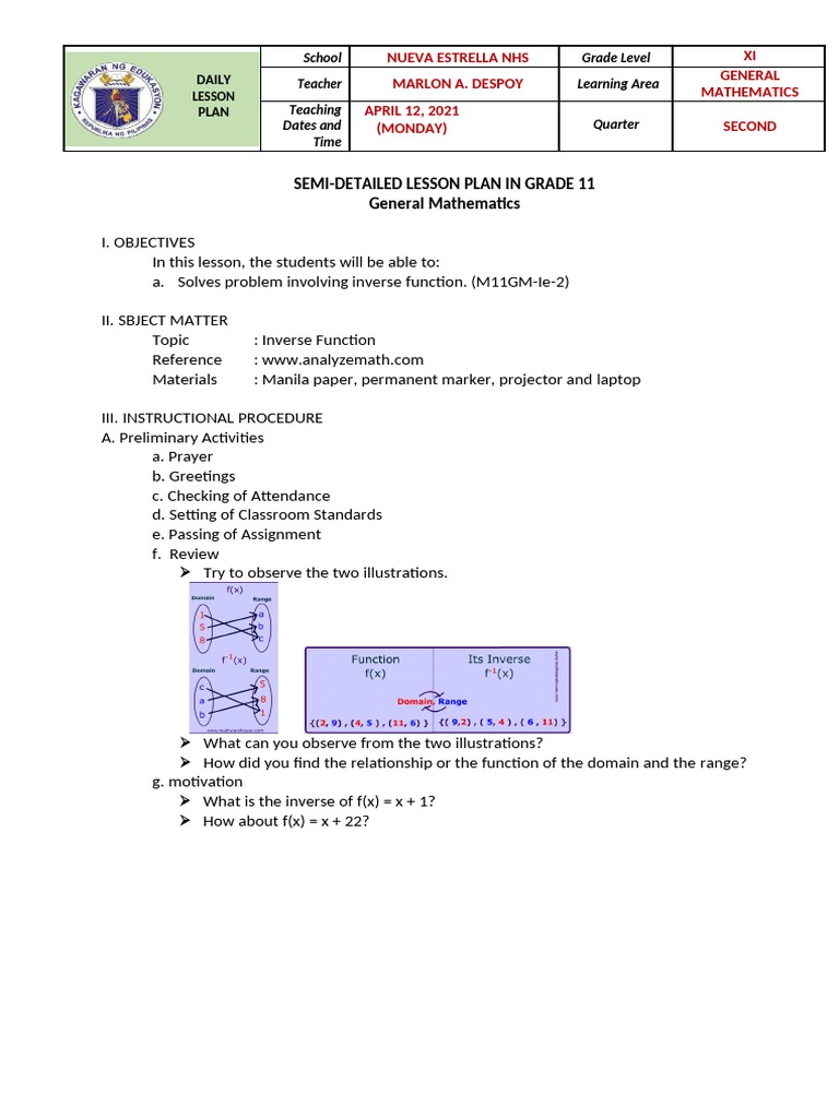 Semi-Detailed Lesson Plan in Grade 11 General Mathematics | PDF ...