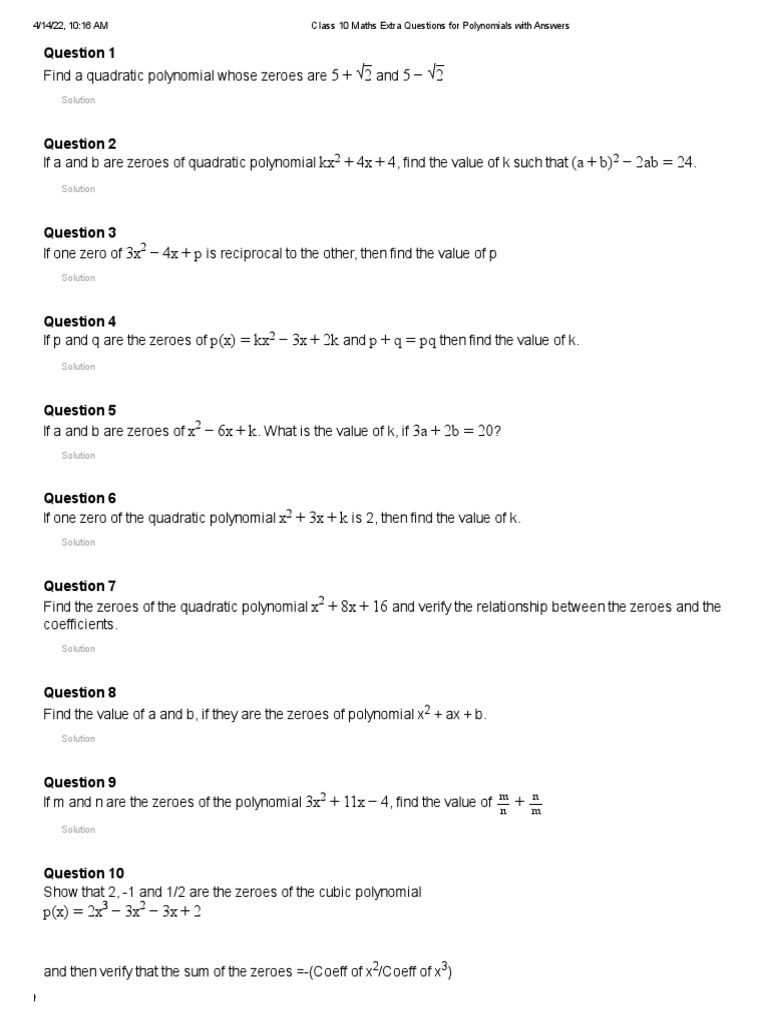 Class 10 Maths Extra Questions For Polynomials With Answers | PDF ...