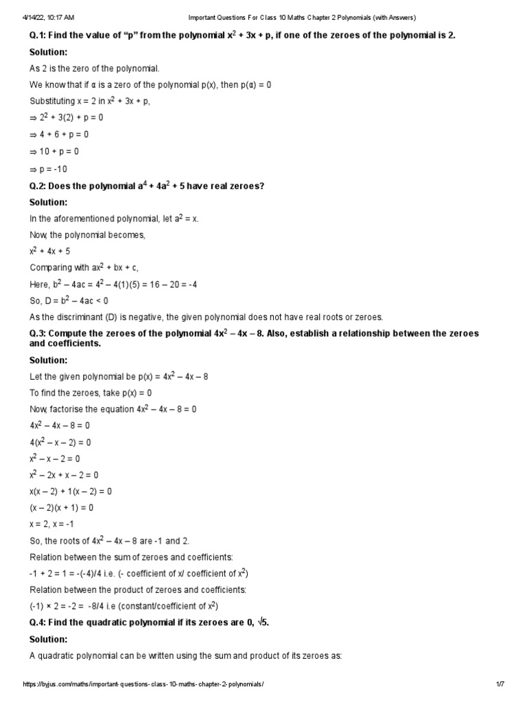 Important Questions For Class 10 Maths Chapter 2 Polynomials (With Answers) | PDF | Polynomial ...