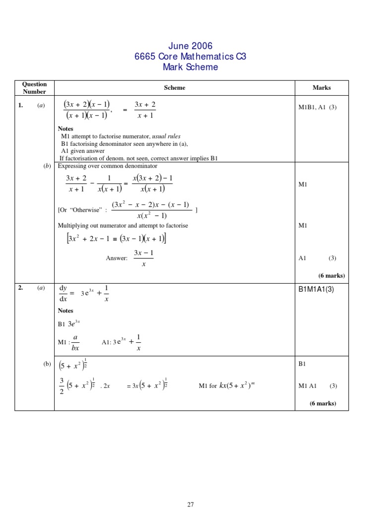 June 2006 6665 Core Mathematics C3 Mark Scheme: X X X X X X | PDF ...