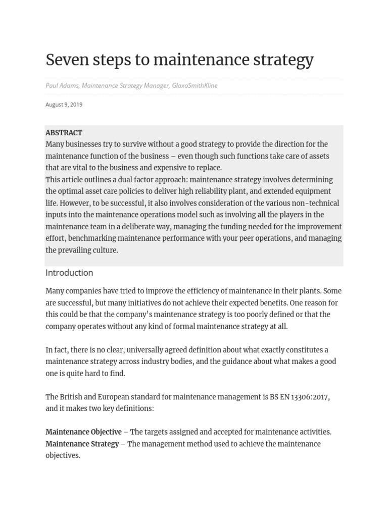 Seven Steps to Effective Maintenance Strategy | PDF | Reliability ...