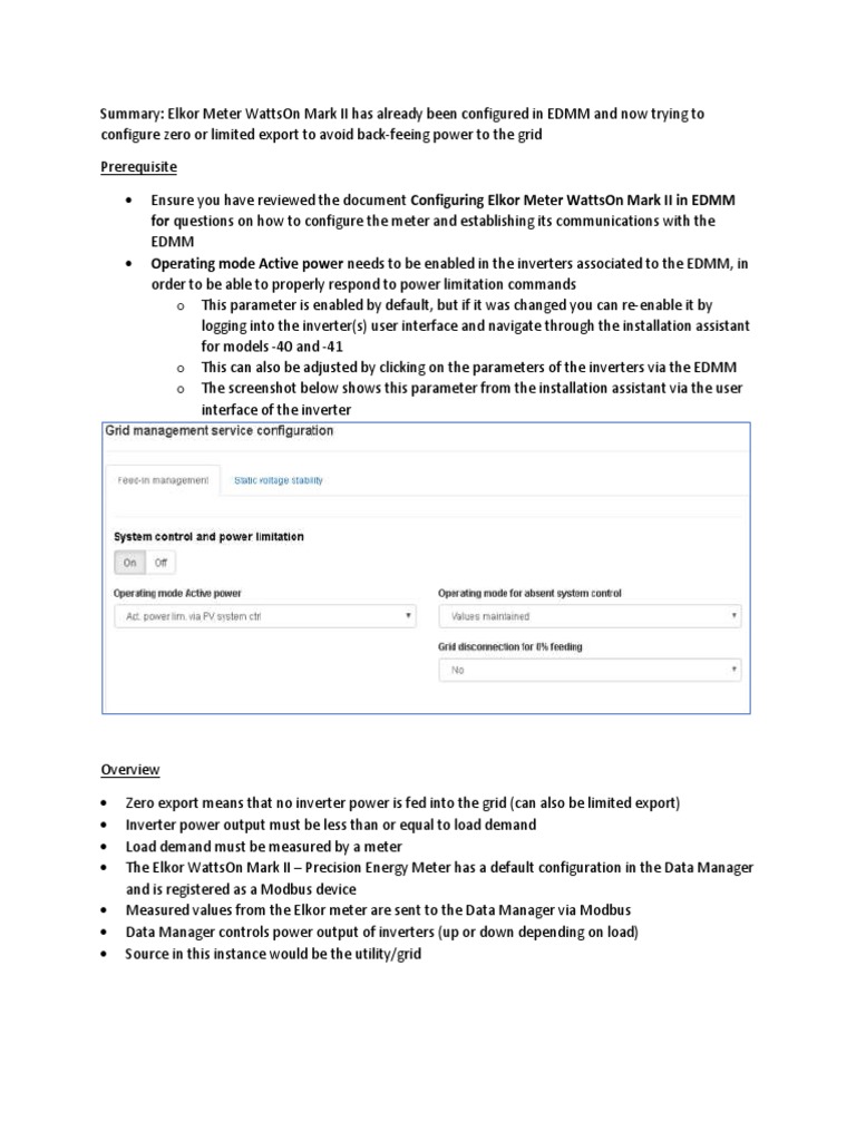 Zero or Limited Export in EDMM With Elkor Meter WattsOn Mark II | PDF
