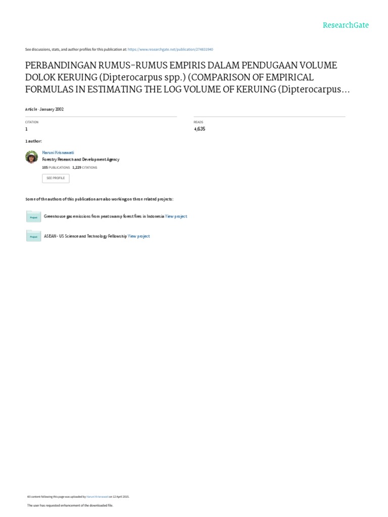 PERBANDINGAN RUMUS-RUMUS EMPIRIS DALAM PENDUGAAN VOLUME DOLOK KERUING ...