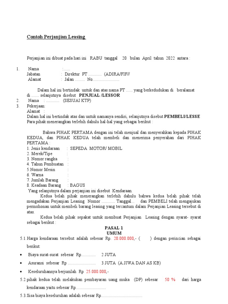 Contoh Perjanjian Leasing Kendaraan | PDF | Pengelolaan Keuangan & Uang