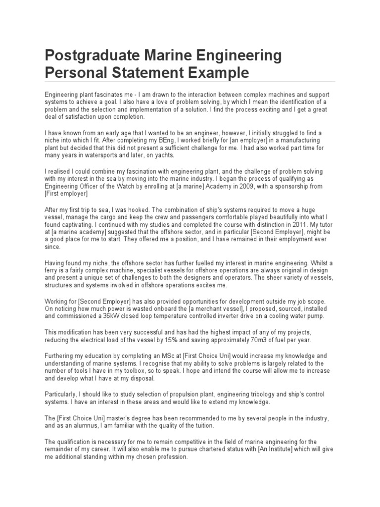 Postgraduate Marine Engineering Personal Statement Example | PDF ...