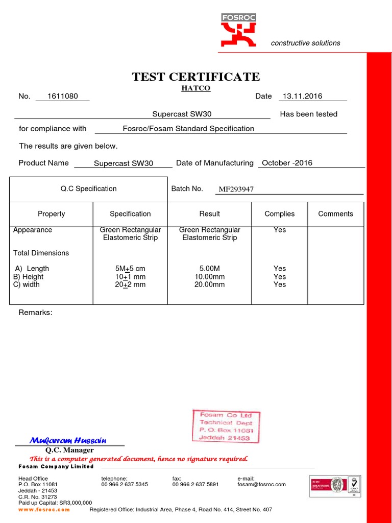 SW30 Water Stop Test Certificate | PDF