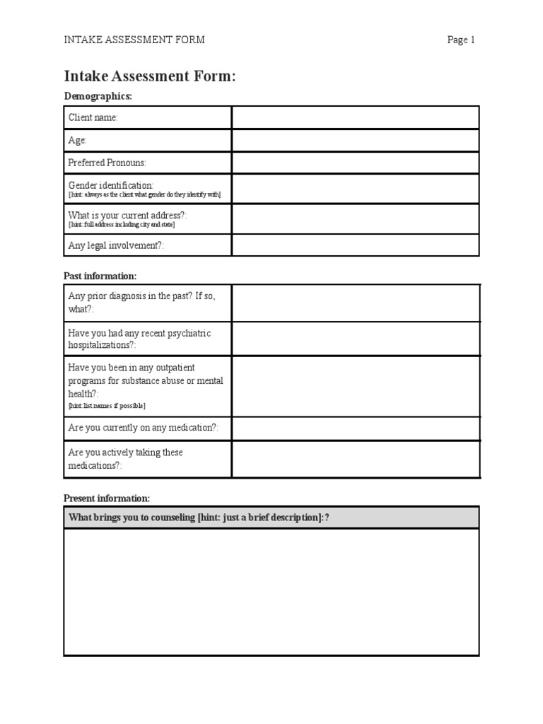 Intake Assessment Form | PDF | Health Sciences | Mental Health