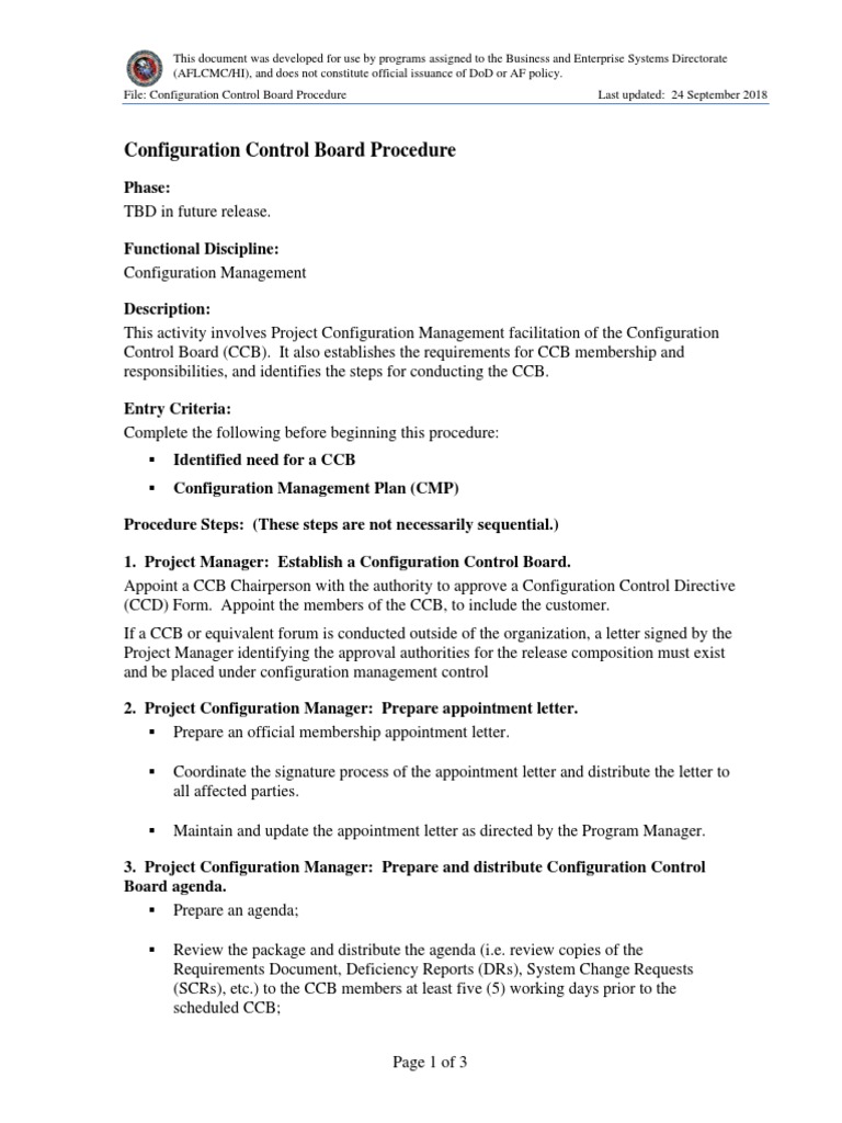 Configuration Control Board Procedure Pdf Business Computing
