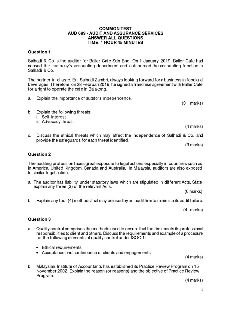 Aud 689 Test Apr 2019 Question | PDF | Audit | Risk