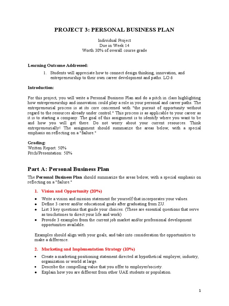 Project 3: Personal Business Plan: Learning Outcome Addressed | PDF ...