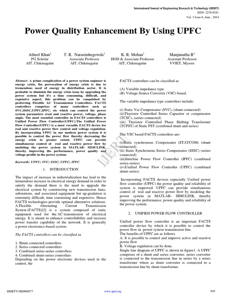 Ijert Ijert: Power Quality Enhancement by Using UPFC | PDF | Electric Power Transmission | Power ...