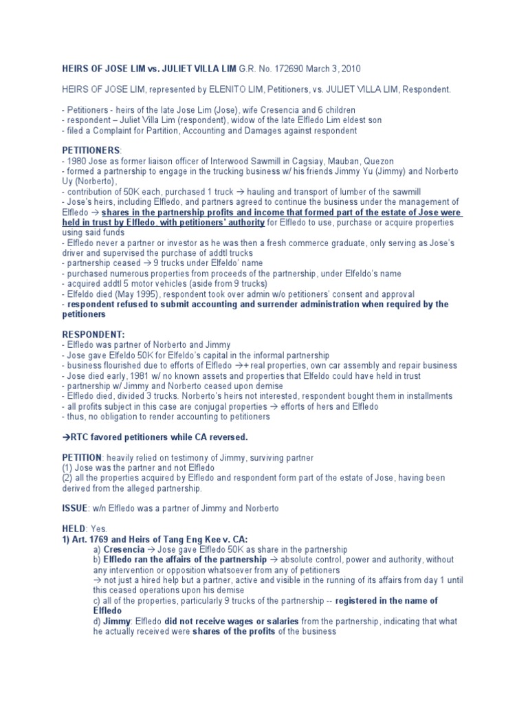 HEIRS OF JOSE LIM vs. JULIET VILLA LIM G.R. No. 172690 March 3, 2010 ...