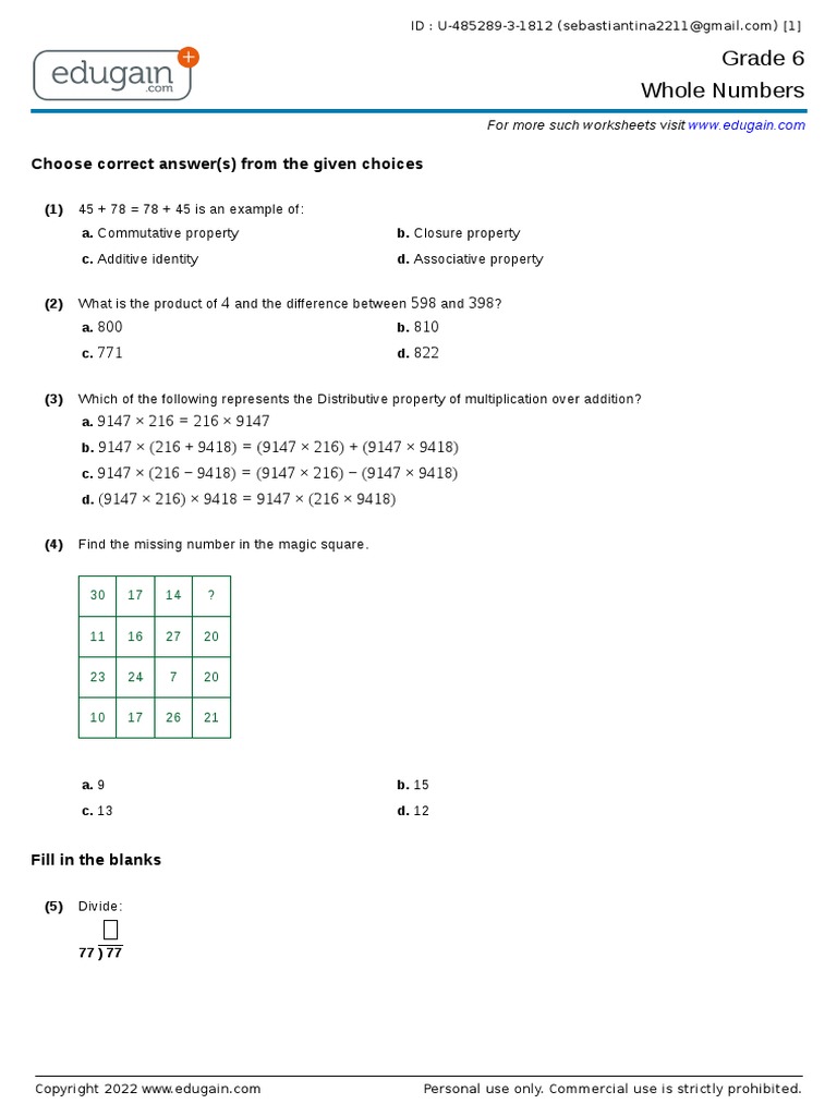 Grade 6 Whole Numbers: Choose Correct Answer(s) From The Given Choices ...