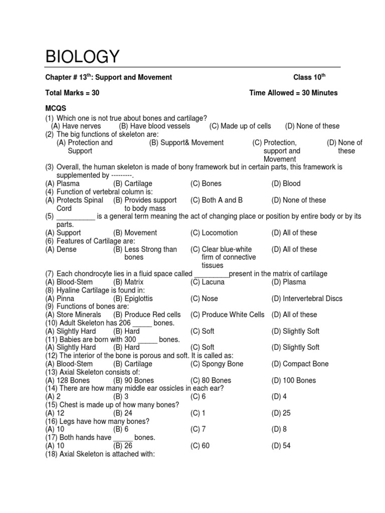 Biology 10th Chapter 13th Mcqs | PDF | Skeleton | Bone