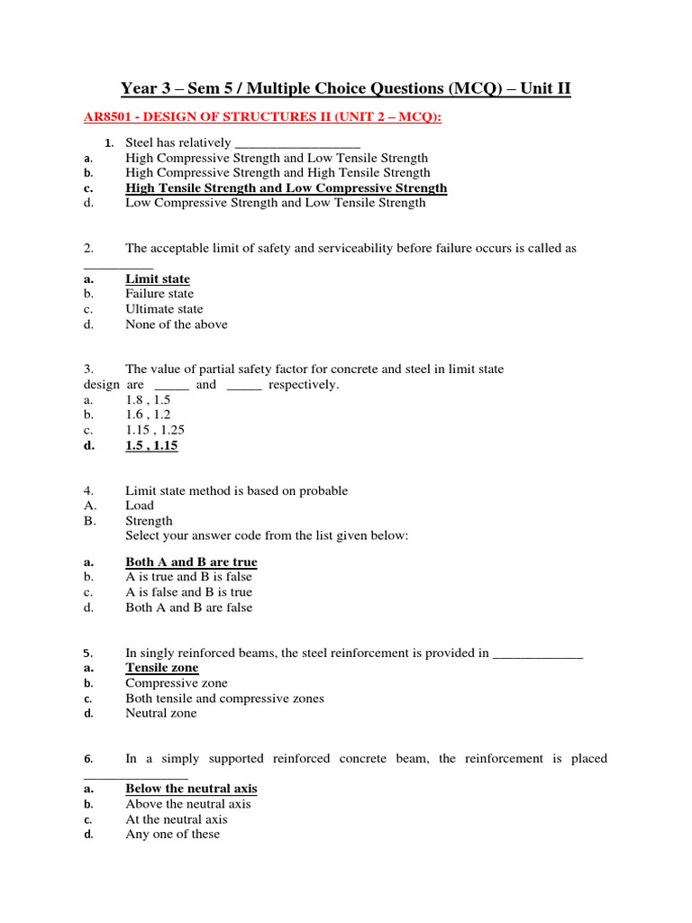 Analysis of Multiple Choice Questions on Design of Structures II (Unit ...