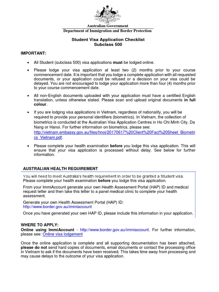 Student Visa Application Checklist Subclass 500: Cs - Vietnam PDF | PDF | Travel Visa | Identity ...