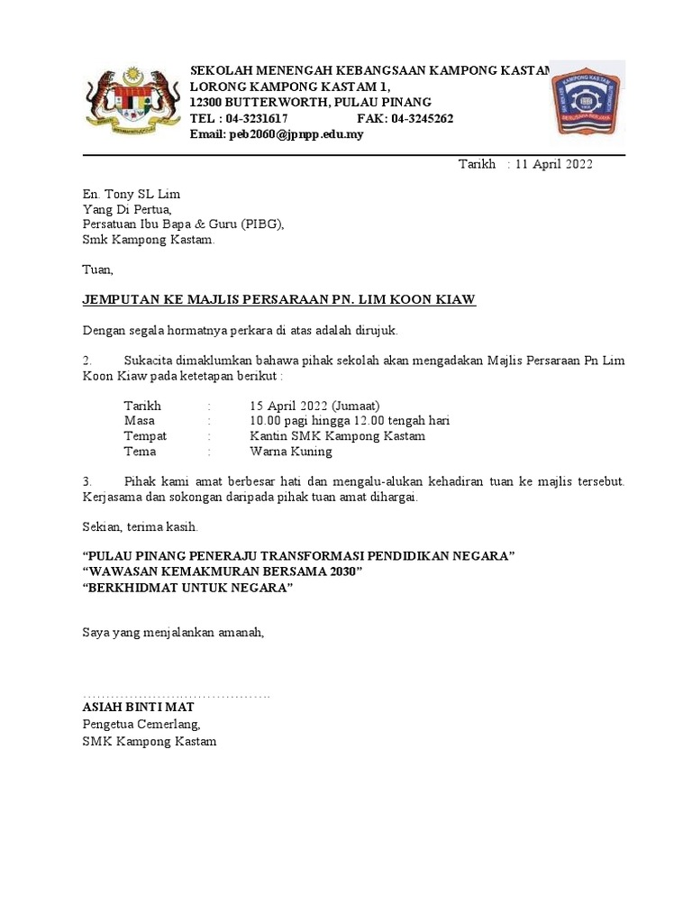 Surat Jemputan YDP PIBG | PDF