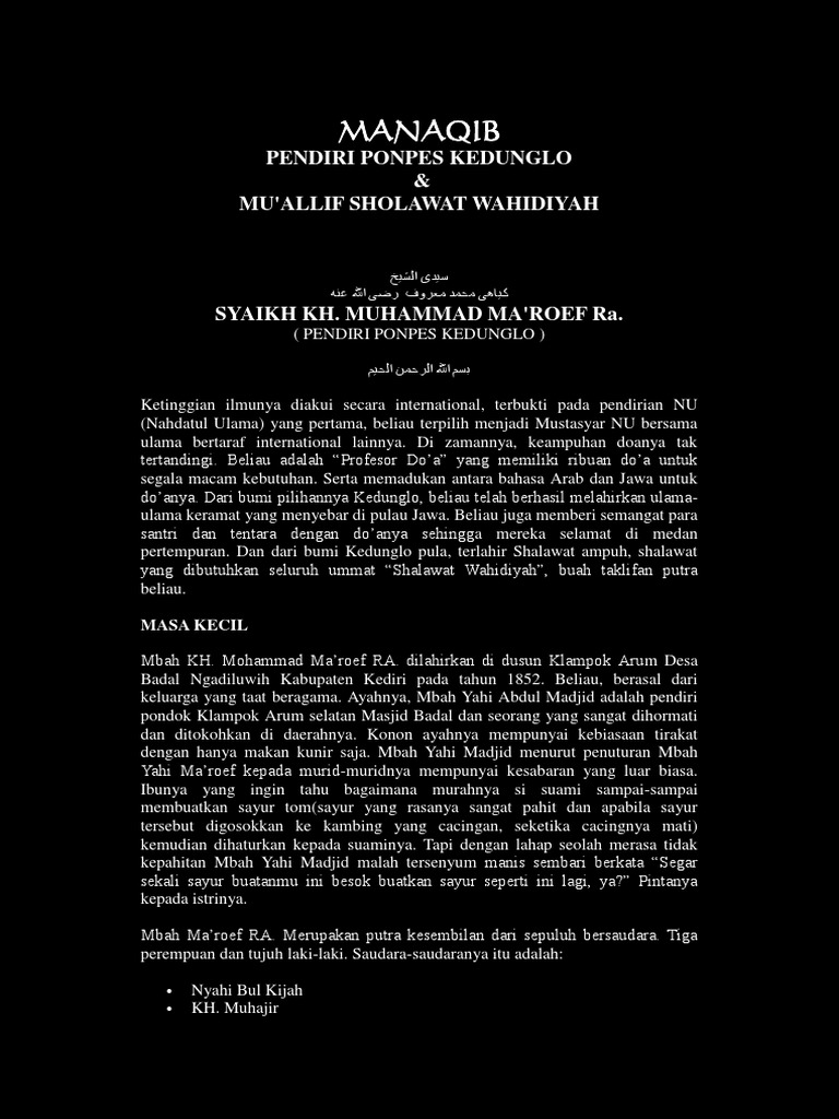 Manaqib Pendiri Ponpes Kedunglo & Mu'allif Sholawat Wahidiyah | PDF