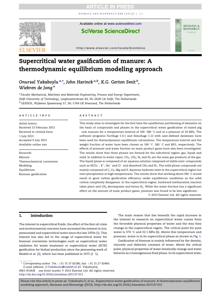 Supercritical Water Gasification of Manure A Thermodynamic Equilibrium ...
