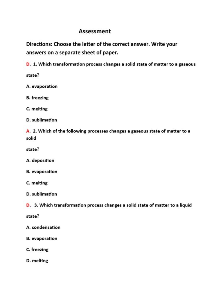 Assessment: Directions: Choose The Letter of The Correct Answer. Write Your Answers On A ...