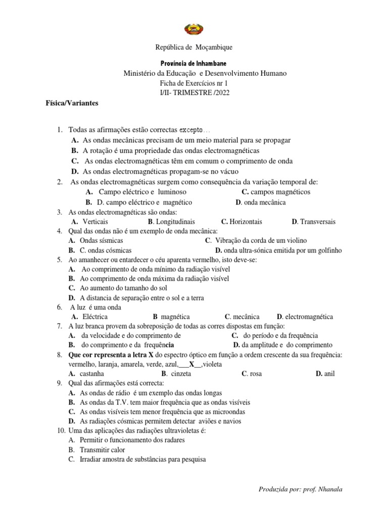 Ficha de Exercicios de Fisica - 12 Classe I e II Trimestre 2022 | PDF
