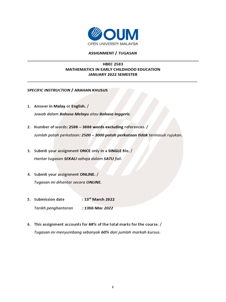 Assignment / Tugasan HBEC 2503 Mathematics in Early Childhood Education January 2022 Semester ...