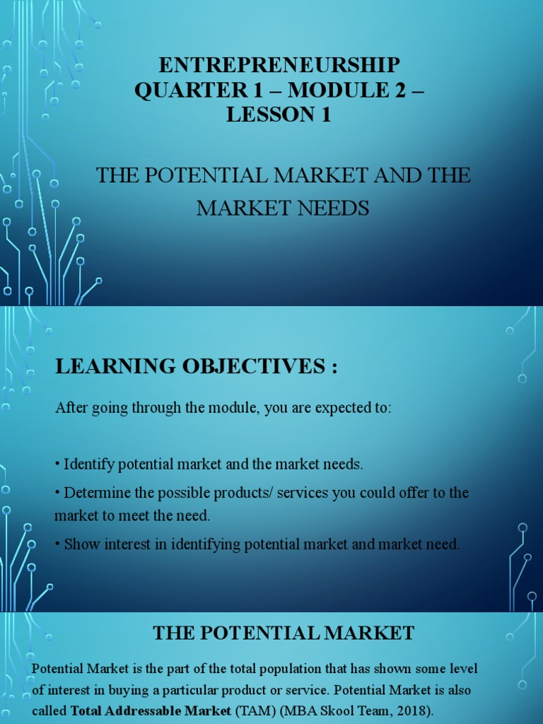 Entrepreneurship Quarter 1 - Module 2 - Lesson 1: The Potential Market ...