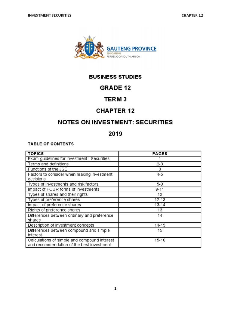 Chapter 12 Business Studies Grade 12 Notes On Investment Securities ...