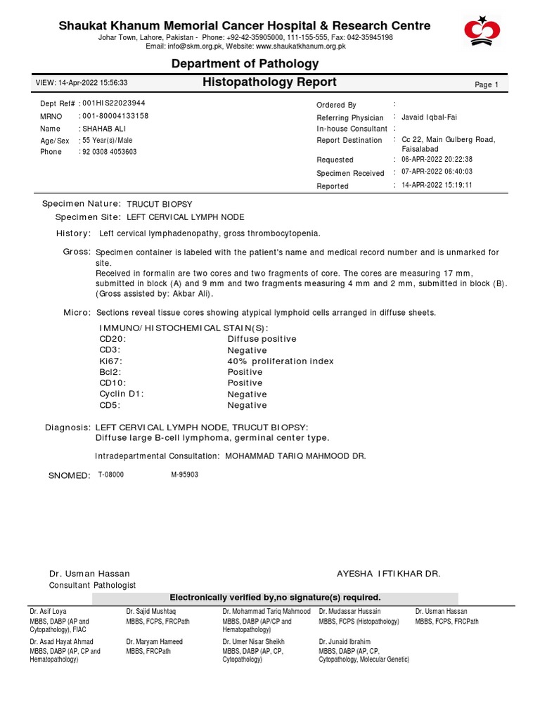 Shaukat Khanum Memorial Cancer Hospital Pathology Report | PDF ...