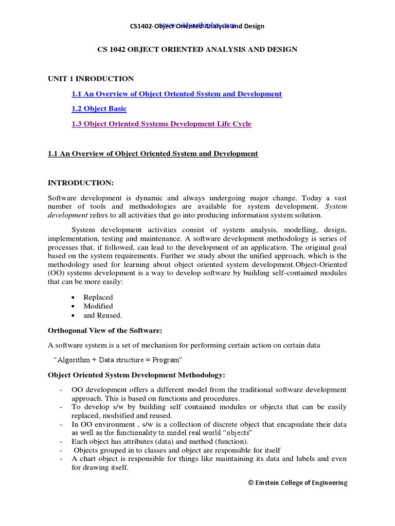 Object Oriented Analysis And Design Einstein Engineering College Notes Type Versions Pdf