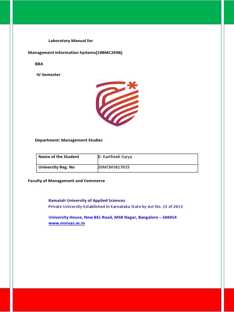 20MCMS017035-D Kartheek - Mis Lab Manual | PDF | Microsoft Access | Databases