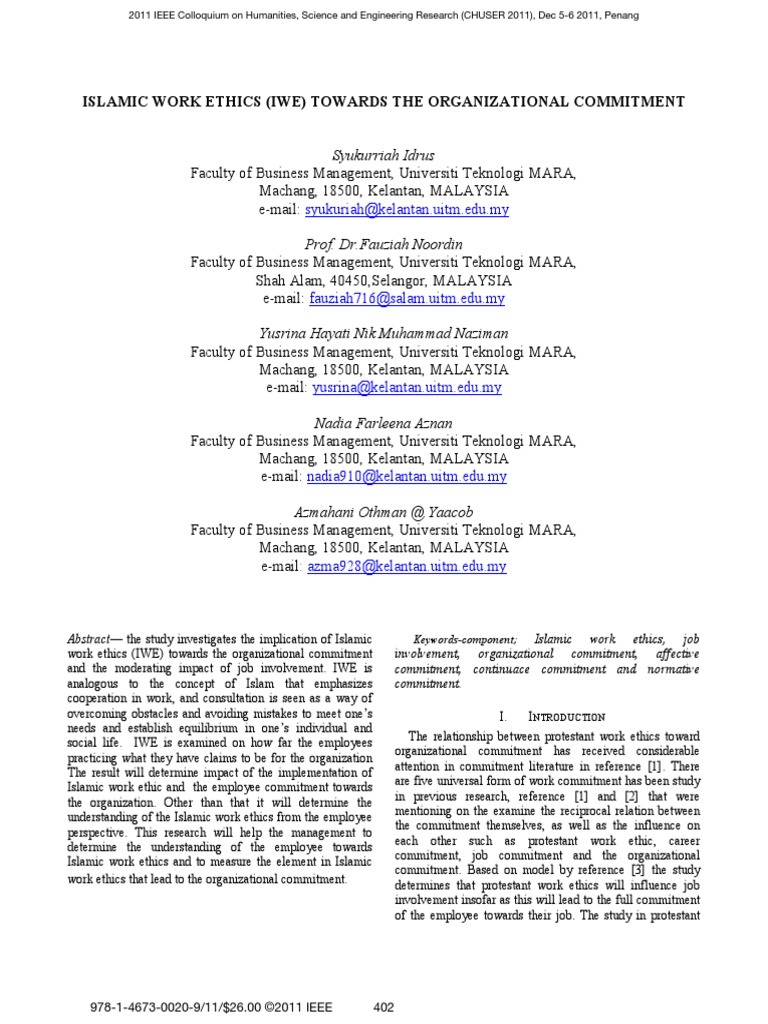 Islamic Work Ethics (Iwe) Towards The Organizational Commitment | PDF | Behavioural Sciences ...