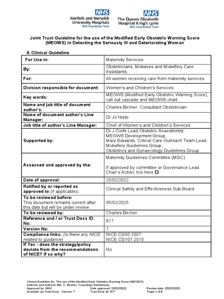 Modified Early Obstetric Warning Score MEOWS MID33 - AO13 v7 | Download ...