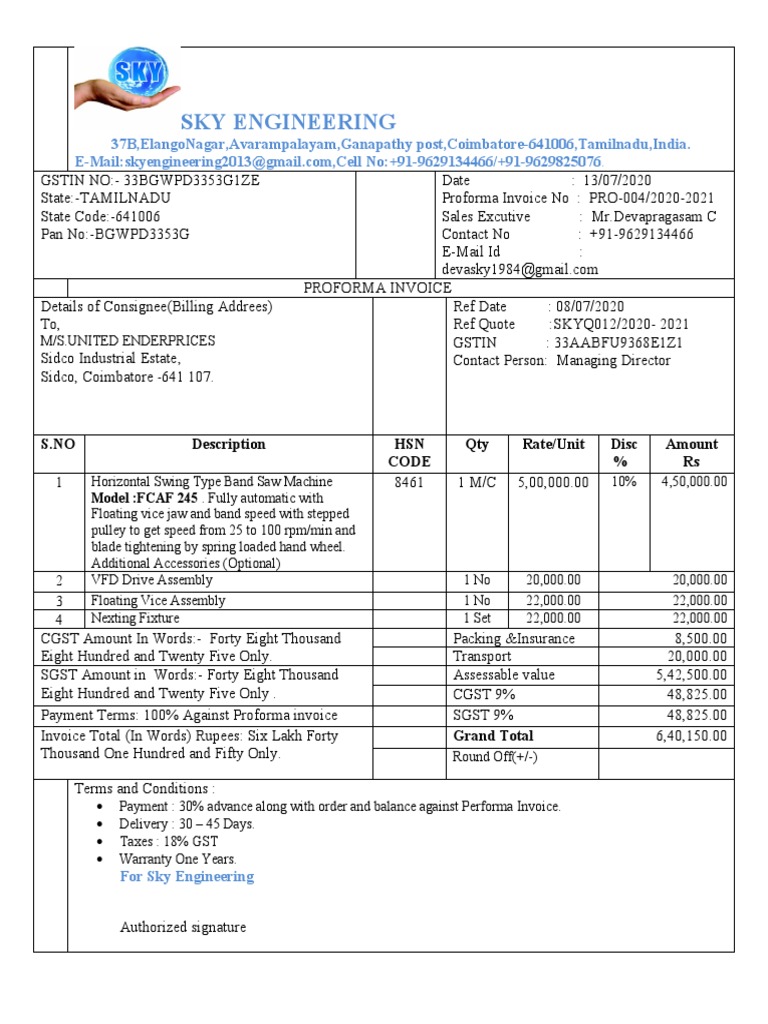 Sky Engineering Proforma Invoice Machine Sale | PDF | Payments | Taxes