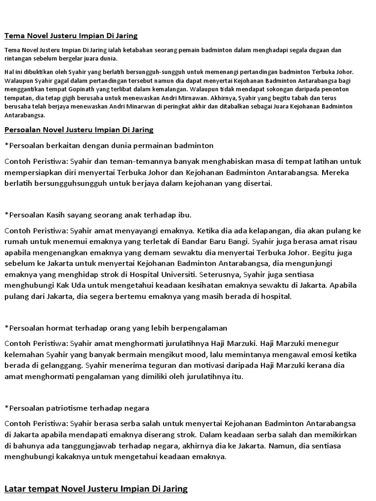 Latar Tempat Novel Justeru Impian Di Jaring | PDF
