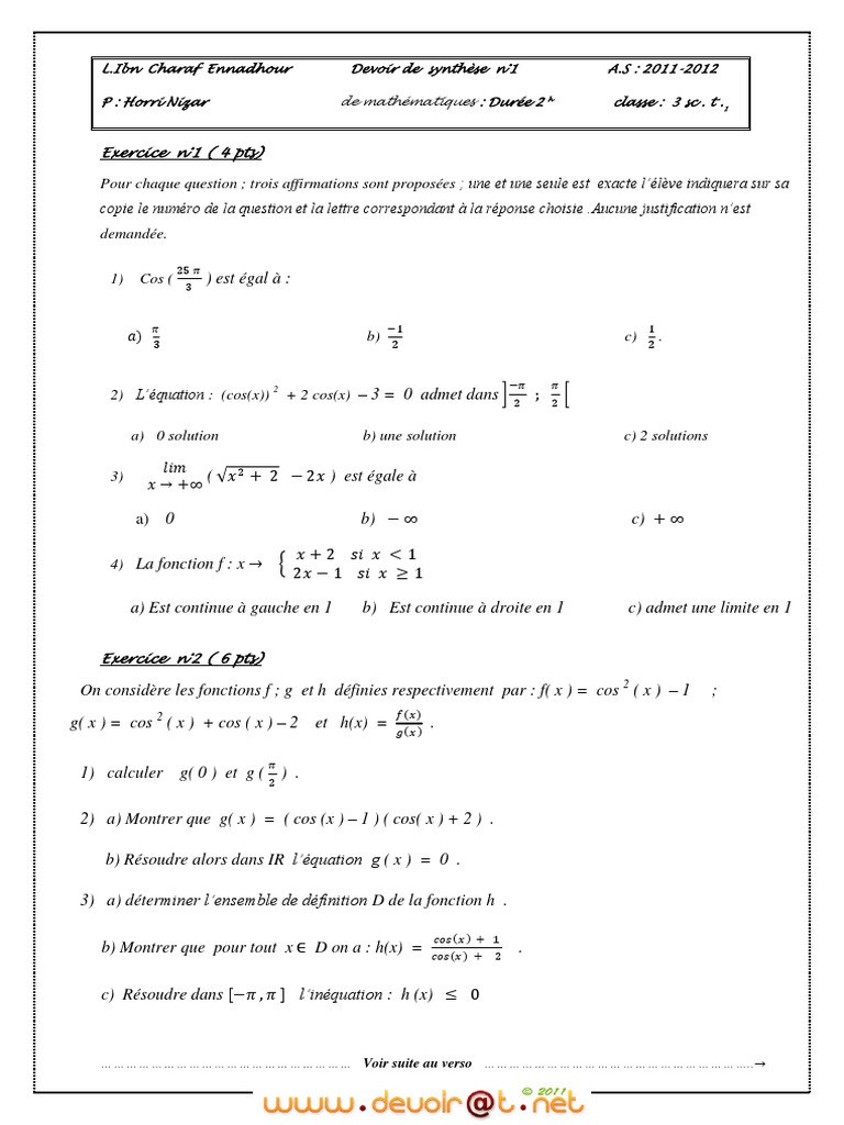 Devoir de Synthèse N°1 - Math - 3ème Technique (2011-2012) MR Horri ...