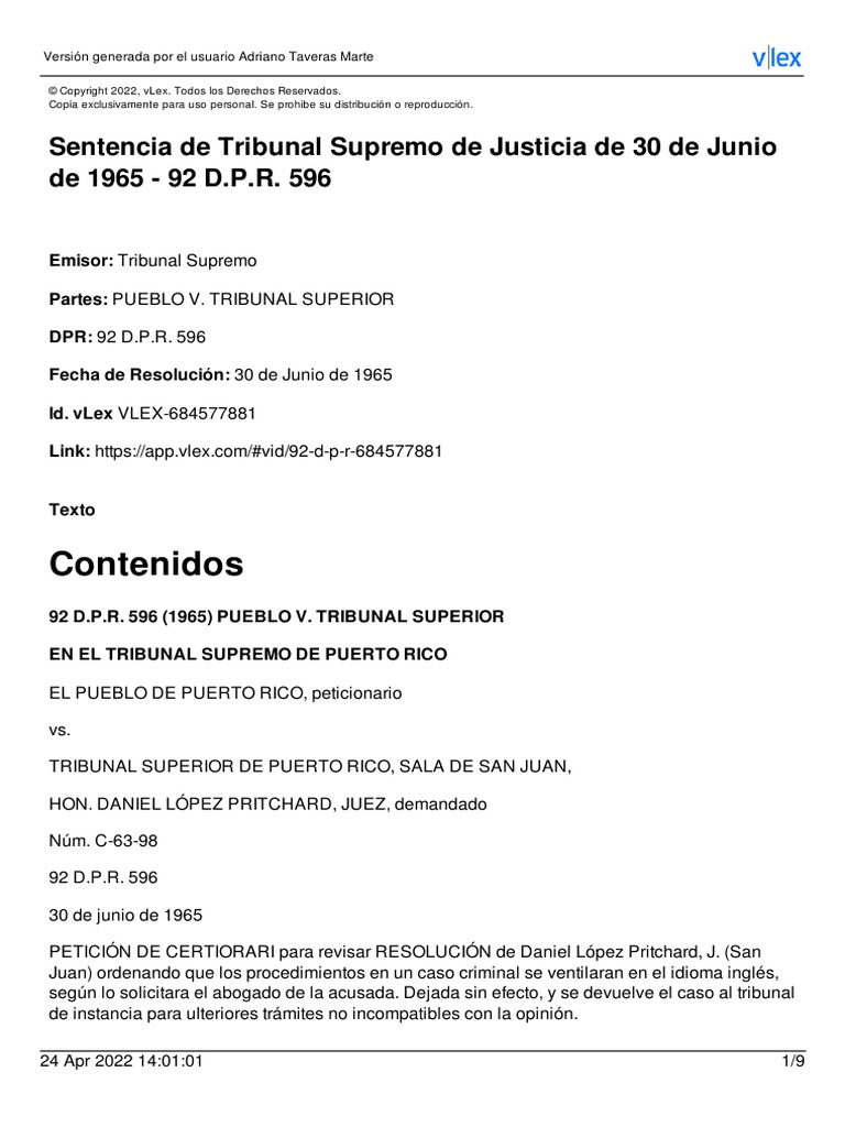 Sentencia TSJ Puerto Rico, 30 Junio 1965 (92 D.P.R. 596) - Idioma ...