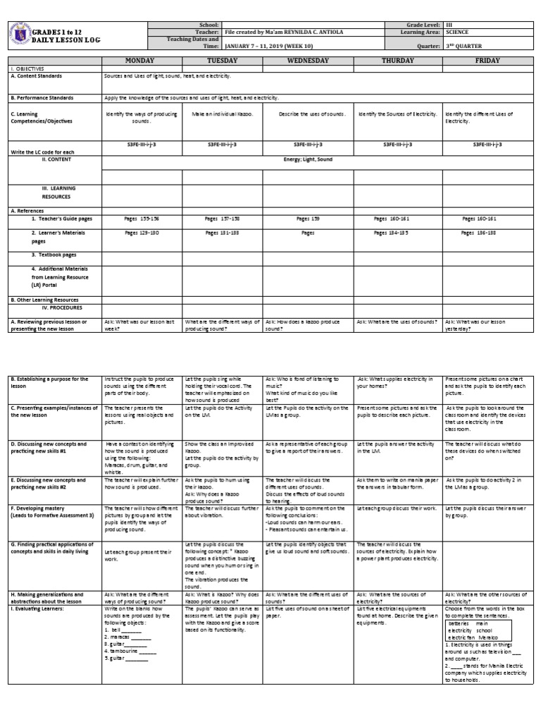 Science Lesson Plan: Sound & Electricity | PDF | Teachers | Learning