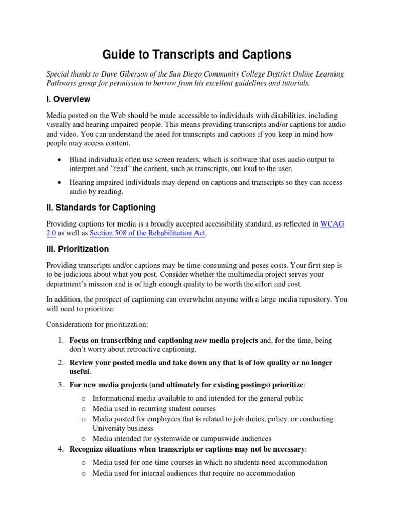 Guide To Transcripts and Captions: I. Overview | PDF | Accessibility ...