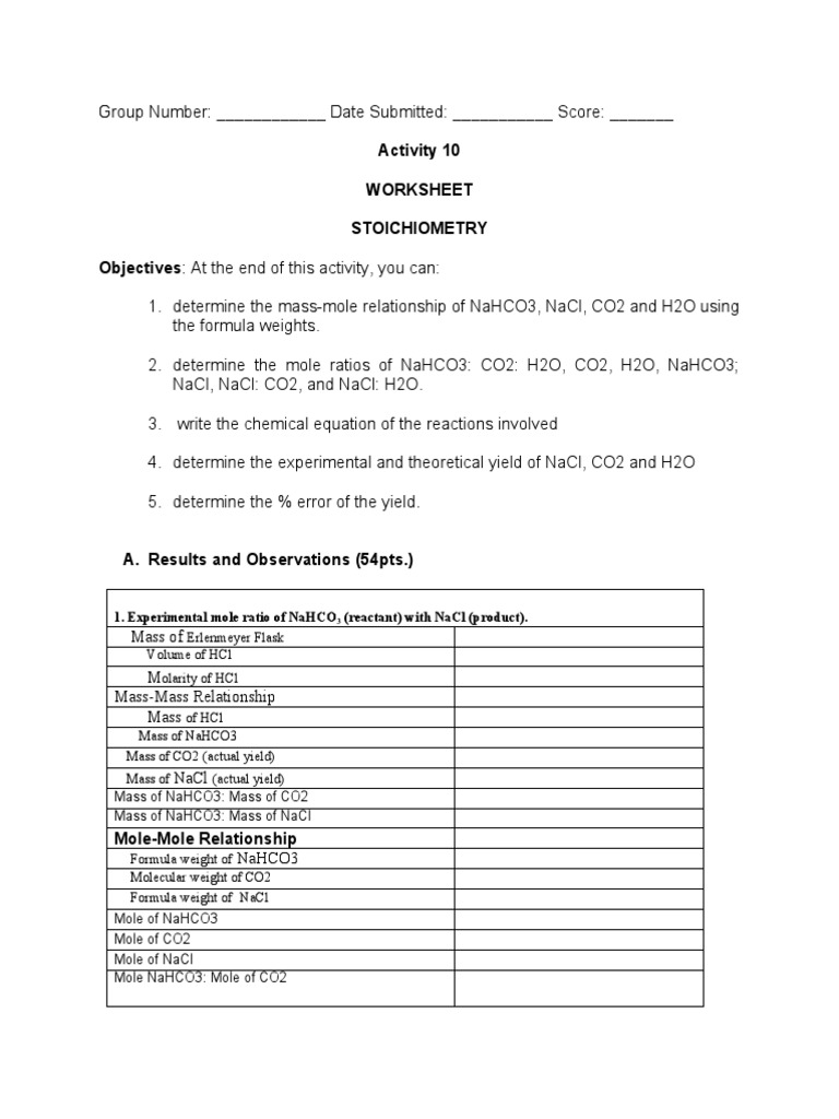 Act# 10 WORKSHEET On STOICHIOMETRY (LAB) | PDF | Mole (Unit ...