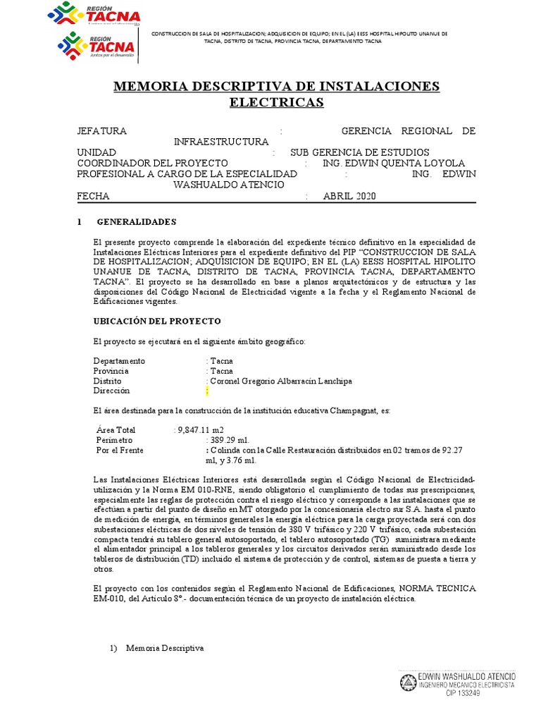 Memoria Descriptiva Instalaciones Electricas | PDF | Ingenieria Eléctrica | Cableado eléctrico