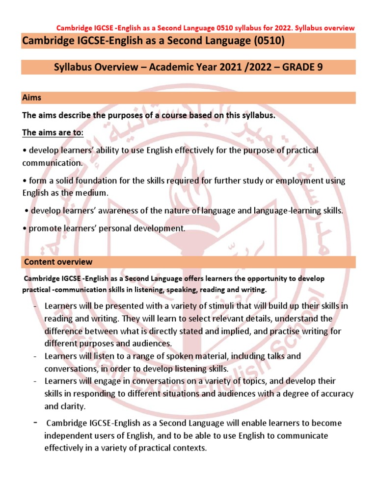 Syllabus Overview - Academic Year 2021 /2022 - GRADE 9: Cambridge IGCSE ...