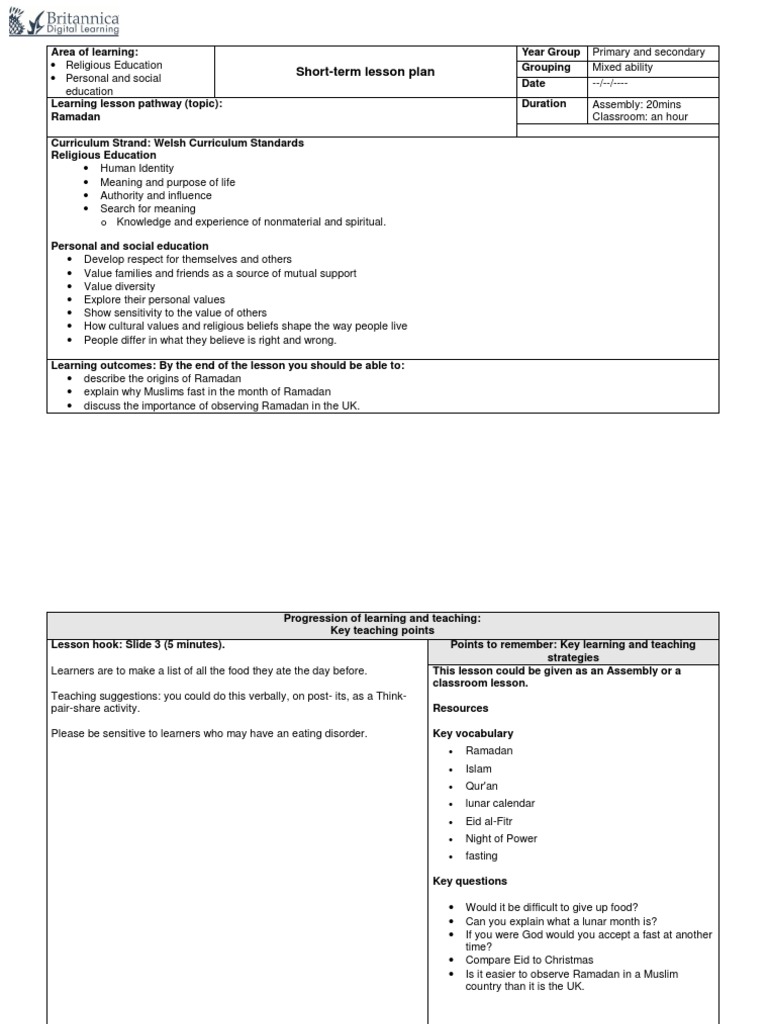 Short-Term Lesson Plan | PDF | Ramadan | Learning